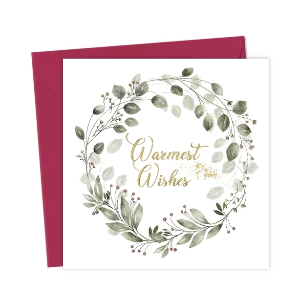 BOTANICAL LEAFY FLORAL WREATH WARMEST WISHES CHRISTMAS CARD - Christmas ...