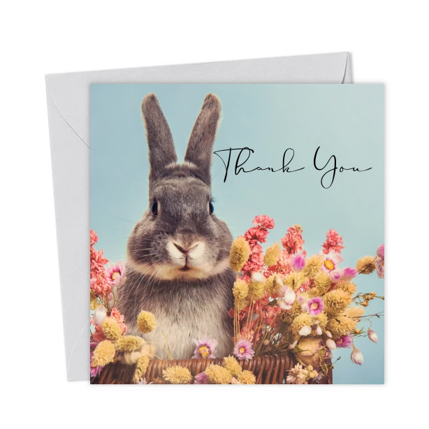 Cute Bunny Thank You Card with Flowers Rabbit-Themed Thank You Card for ...