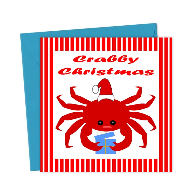 Cute Scandi Christmas Crab with present Cartoon Card - Christmas Cards