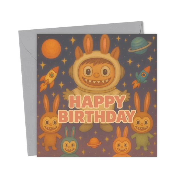 Labubu in Space Happy Birthday Card - Birthday Cards for Friend